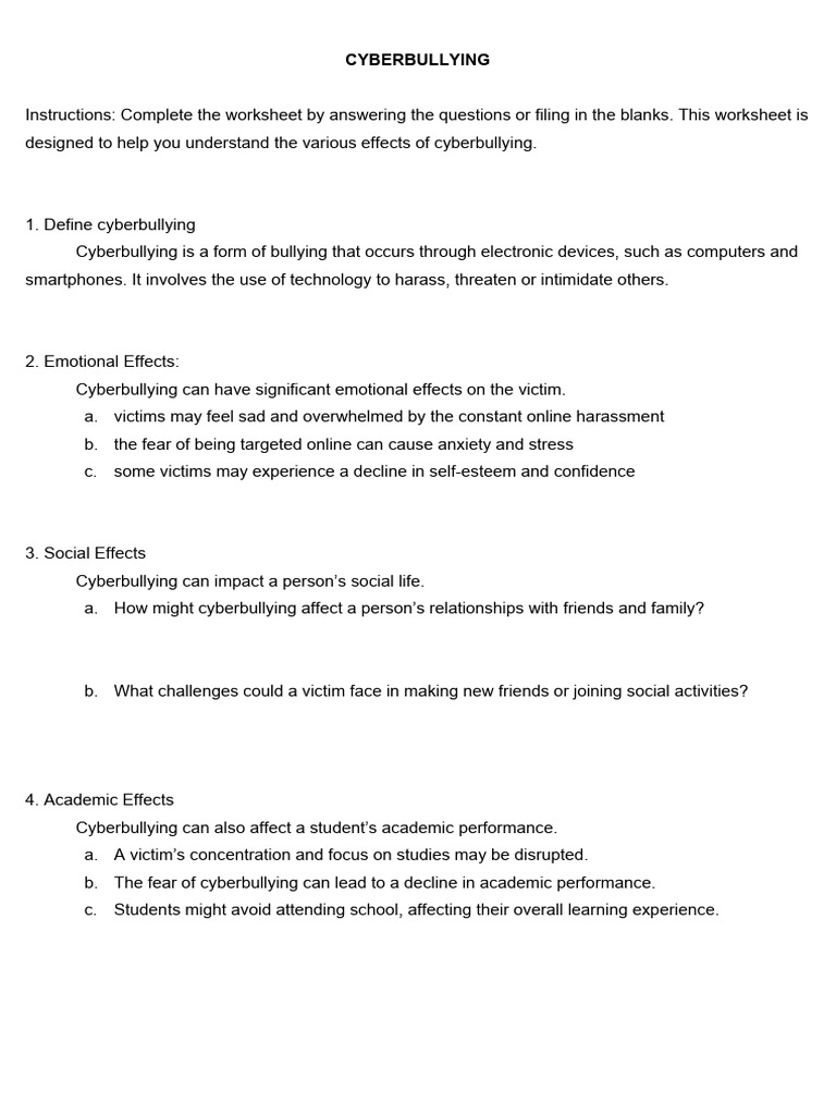 CYBERBULLYING Worksheet | PDF