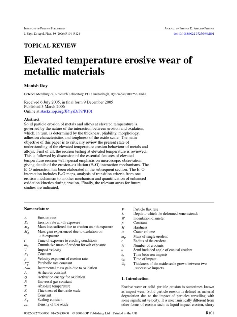 Elevated Temperature Erosive Wear of Metallic Materials 2006 ROY | PDF ...