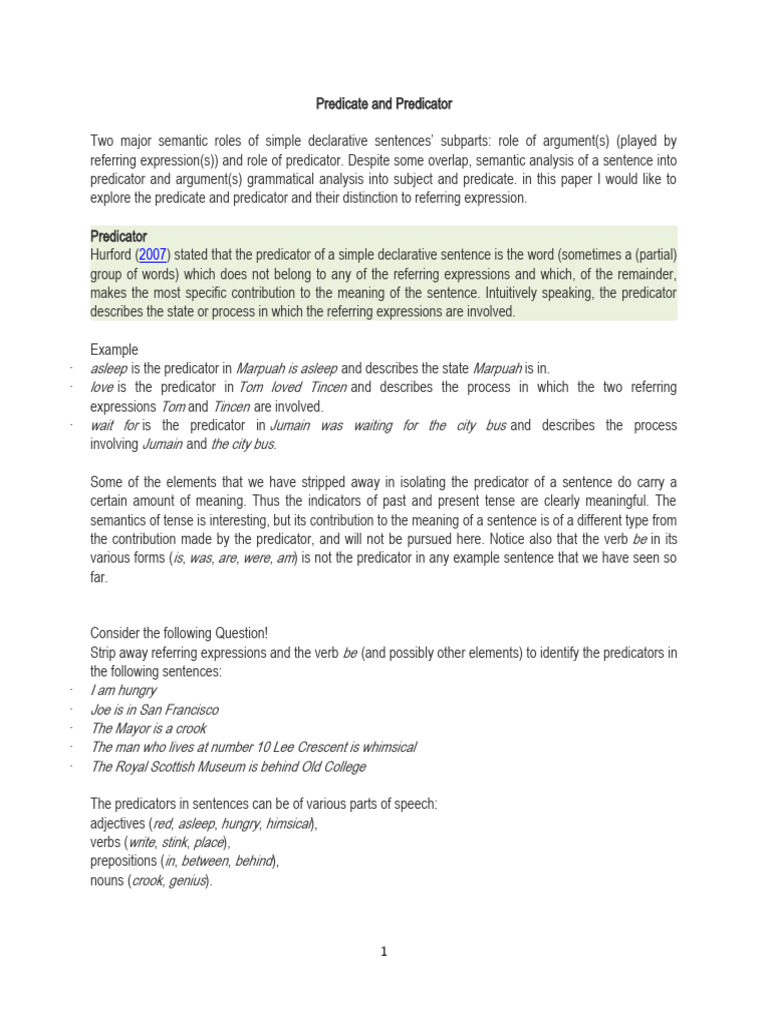 Predicate and Predicator | PDF | Predicate (Grammar) | Verb