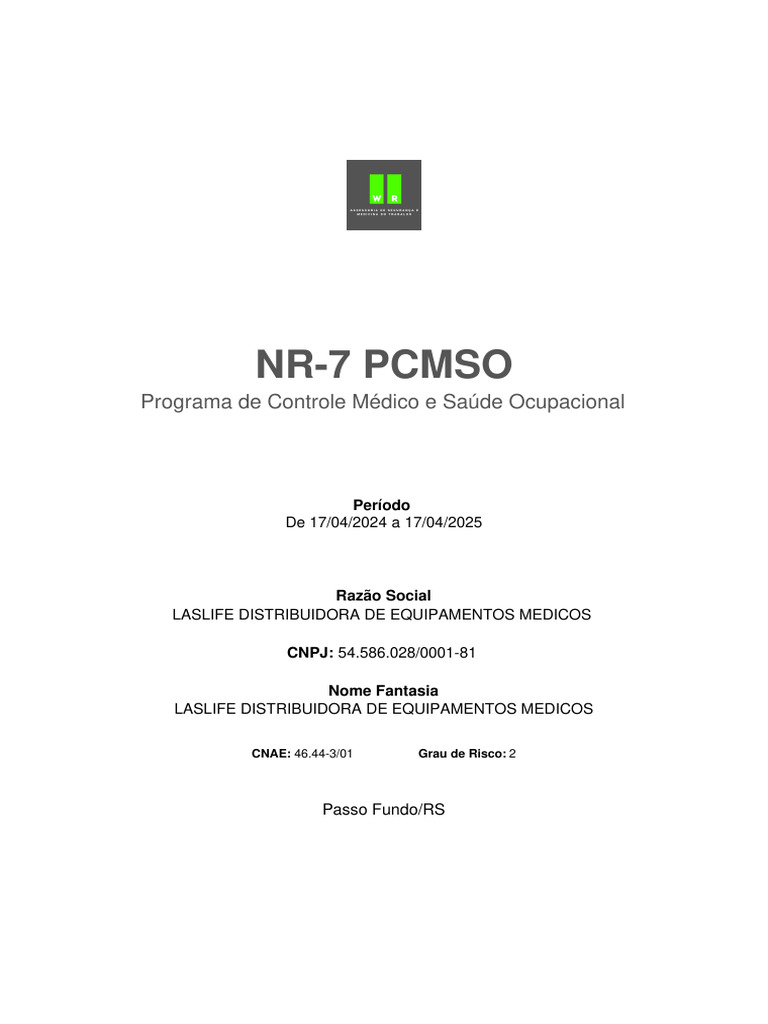 Pcmso Laslife Distribuidora de Equipamentos Medicos 2024 2025 | PDF | Terapia ocupacional ...