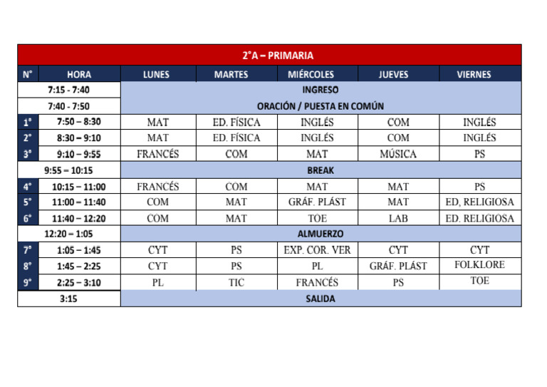 Horario Aula 2do A Prim | PDF
