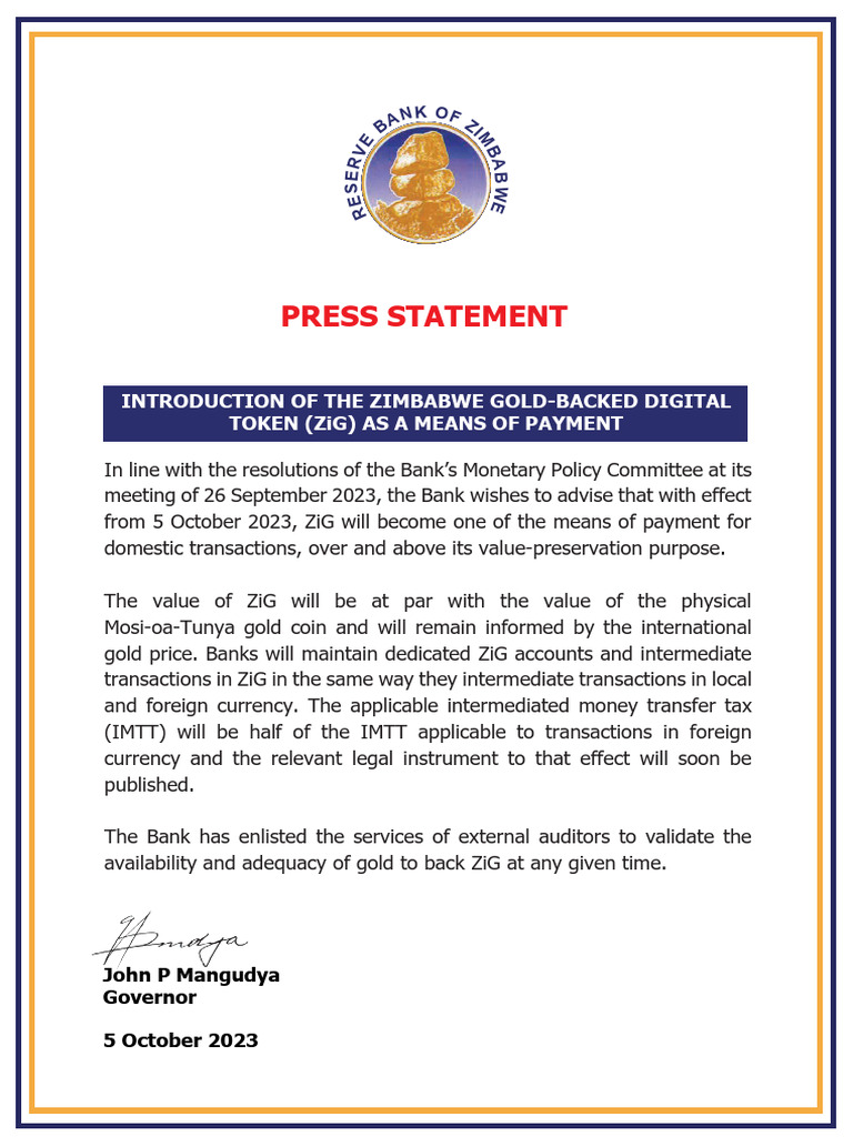 Press Statement - Introduction of ZiG As A Means of Payment - 5-10-2023 ...