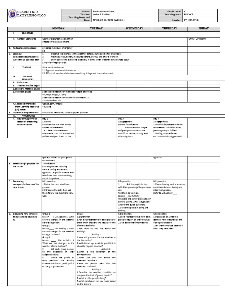 Grade 5 DLL SCIENCE 5 Q4 Week 4 | PDF | Tropical Cyclones | Learning