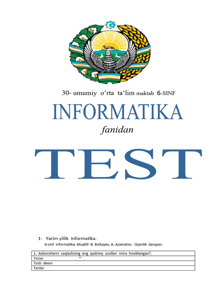 6 Sinf Informatika Testlar | PDF