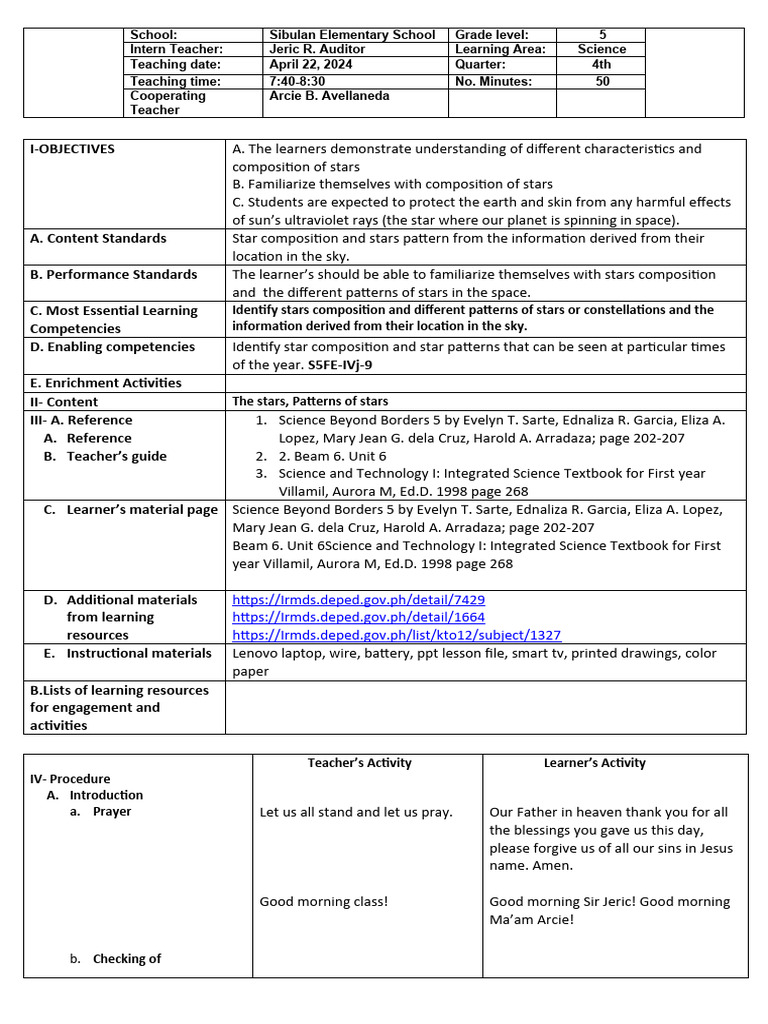 STARS lesson plan 1 | PDF | Stars | Meteoroid