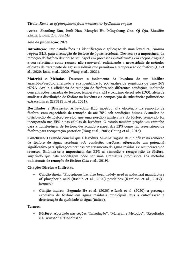 Removal of Phosphorus From Wastewater by Diutina Rugosa. | PDF | Fósforo