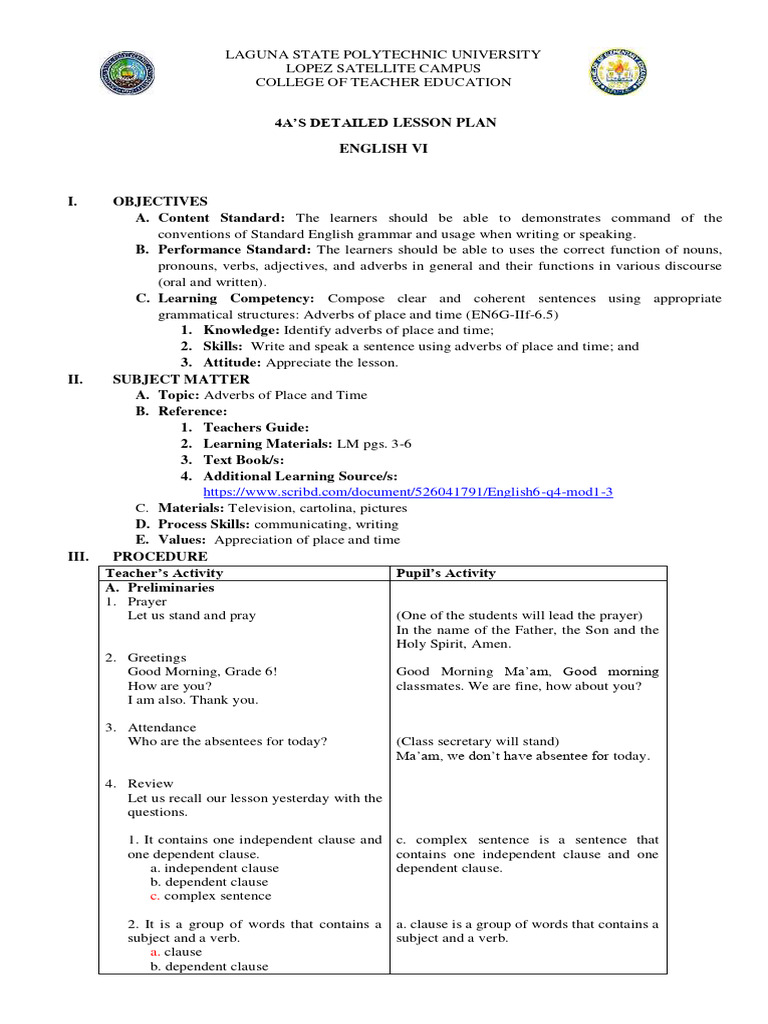 Lesson Plan in English 6 - Q4-7 | PDF | English Language | Linguistics