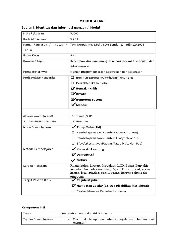 Modul Ajar - Pjok - Penyakit Menular - Toni | PDF