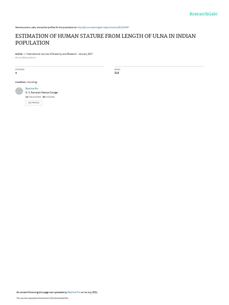 Estimation of Human Stature From Length of Ulna in | PDF