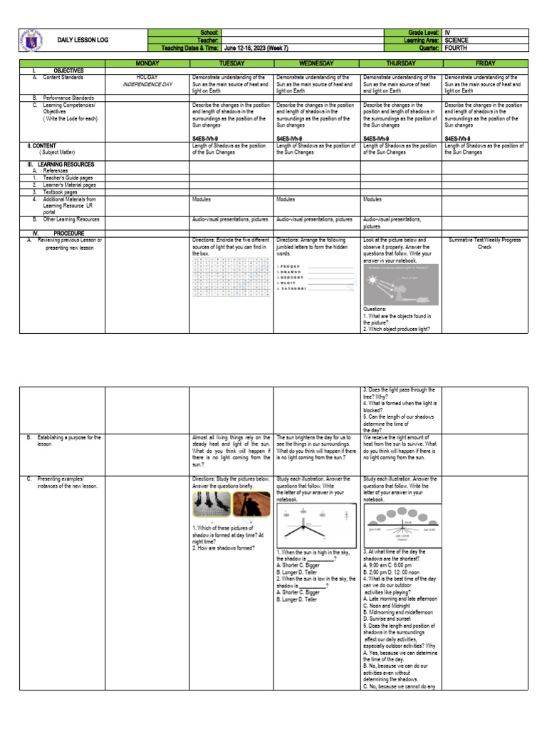 Science Week 7 | PDF | Shadow | Sky