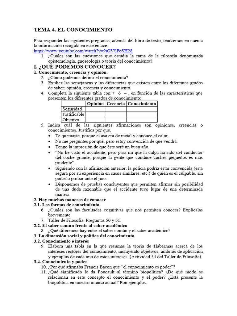 Preguntas Tema 4. El Conocimiento | PDF | Verdad | Conocimiento
