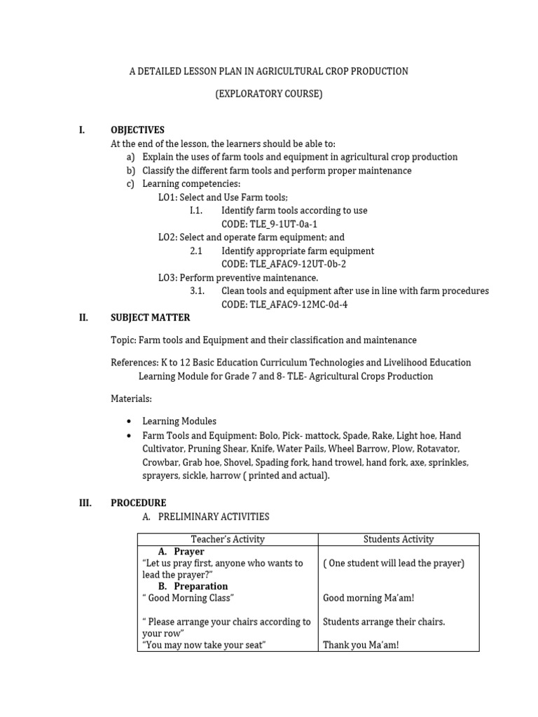 G 7-8 Lesson Plan | PDF | Agricultural Machinery | Tractor