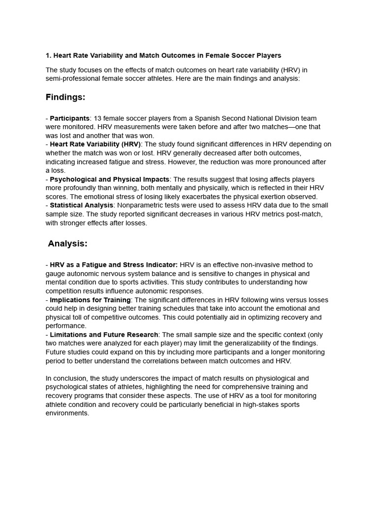 Findings:: 1. Heart Rate Variability and Match Outcomes in Female ...