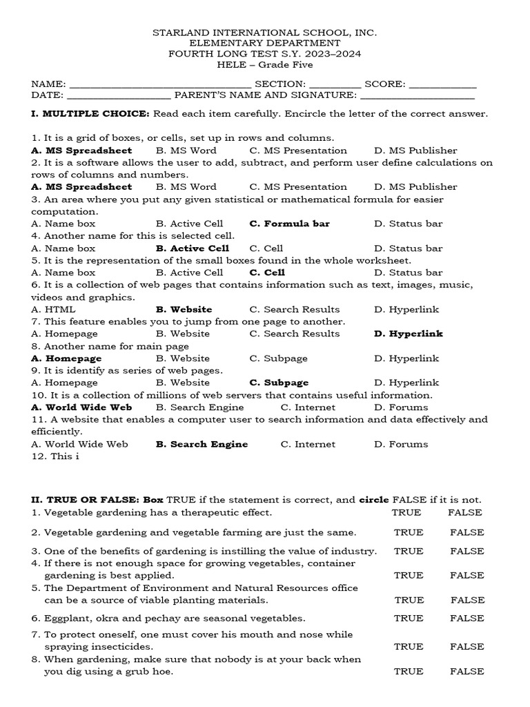 Grade 5 HELE Test | PDF | Spreadsheet | World Wide Web