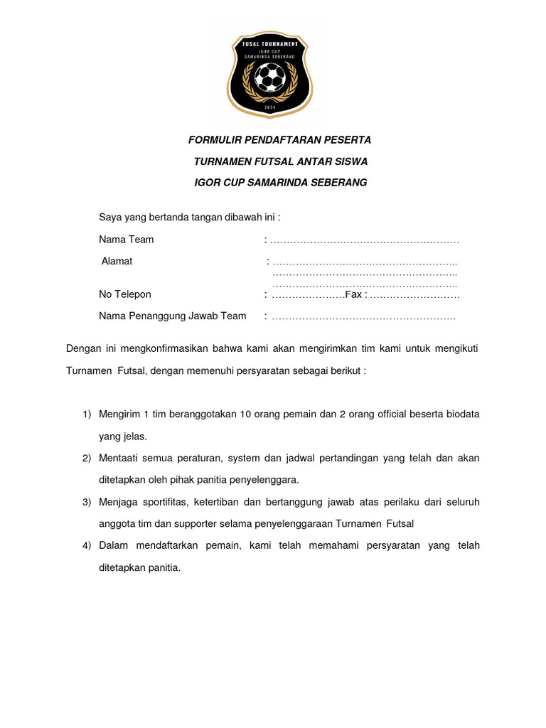 Formulir Pendaftaran Turnamen Futsal | PDF