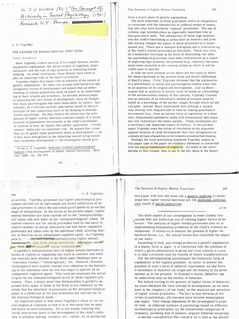 (Vygotsky) The Genesis of Higher Mental Functions | PDF | Psychology ...