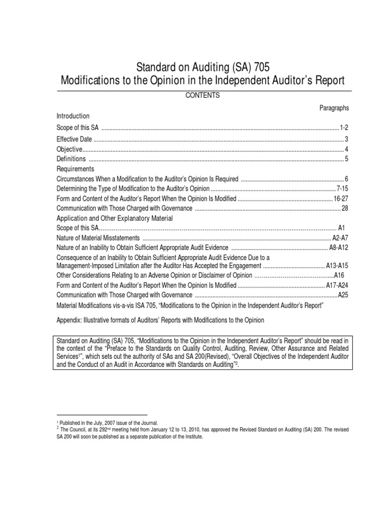 Standard On Auditing (SA) 705 Modifications To The Opinion in The ...
