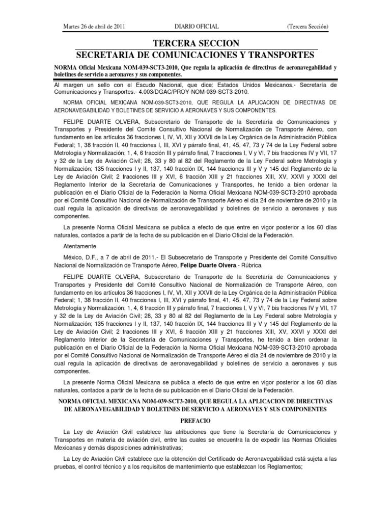 Norma-Oficial-Mexicana-Nom-039-Sct3-2010 Boletines de Servicio | PDF | Aeroespacial | Aviación