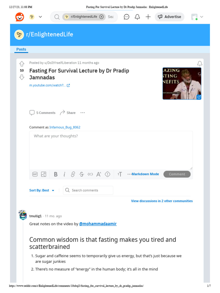Fasting For Survival Lecture by Dr Pradip Jamnadas _ r_EnlightenedLife | PDF | Ketosis | Dieting
