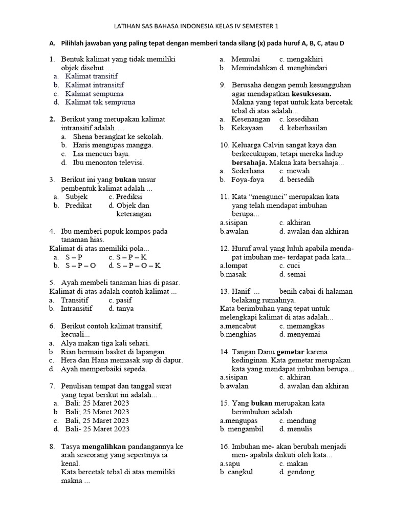 Latihan SAS B. Indo 4 Sem 1 | PDF