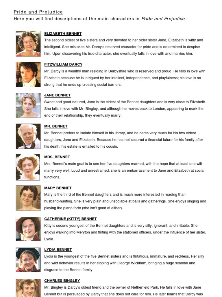 Pride and Prejudice Character Overview | PDF | Pride And Prejudice | Mr ...