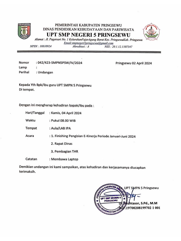 Undangan Rapat Dinas | PDF