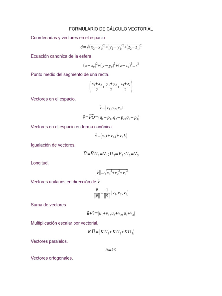 Formulario de Cálculo Vectorial | PDF | Vector Euclidiano | Escalar ...