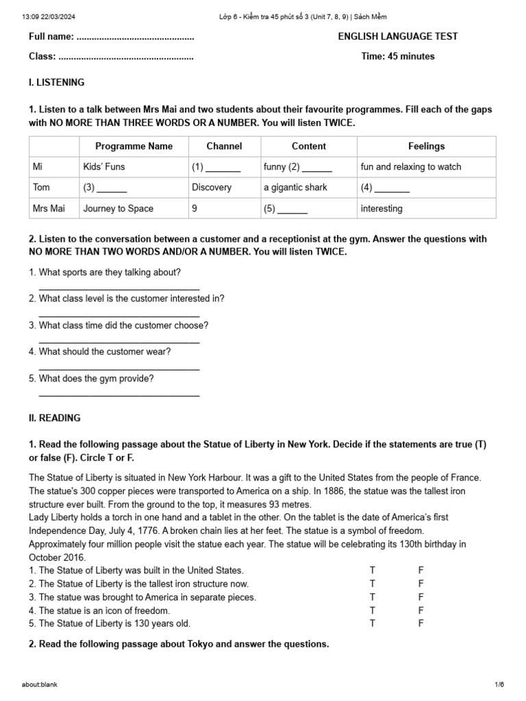 Lớp 6 - Kiểm tra 45 phút số 3 (Unit 7, 8, 9) - SM01 | PDF | Tokyo