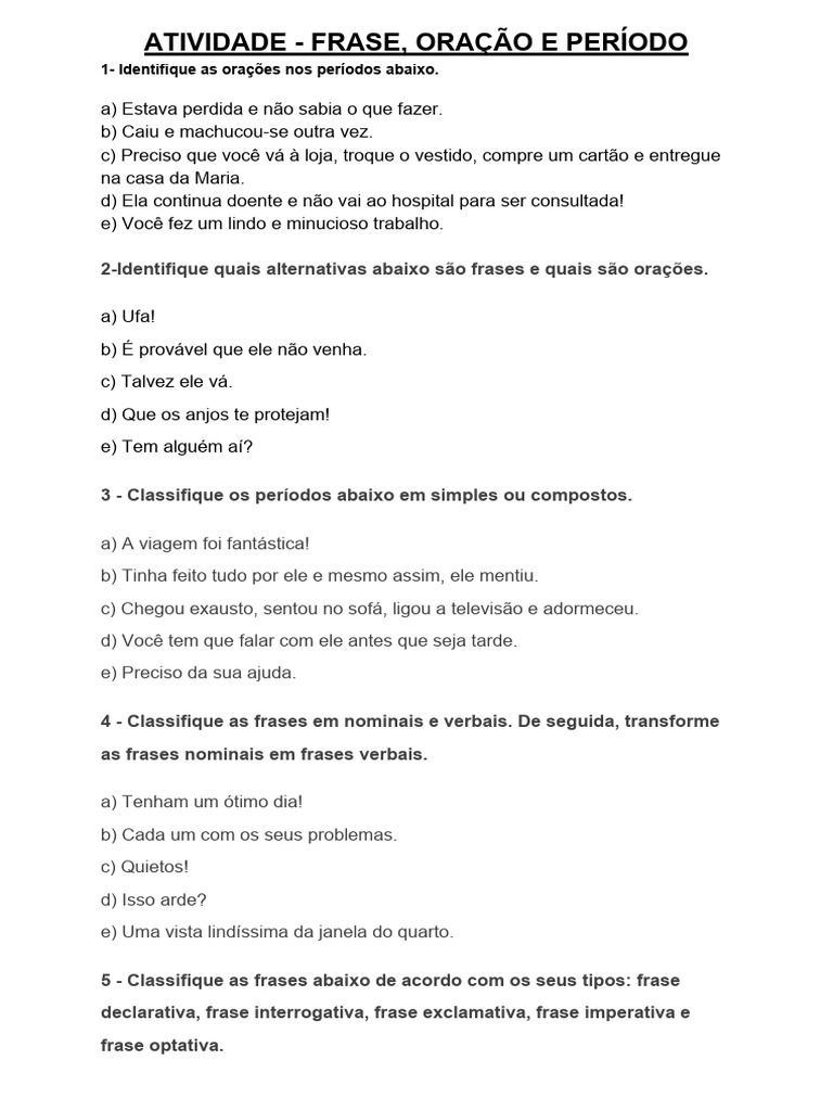 Atividade - Frase, Oração e Período | PDF | Oração