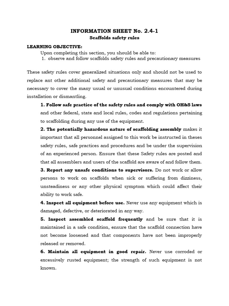 INFORMATION SHEET No. 2.4-1 | PDF | Scaffolding | Safety