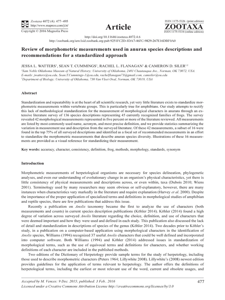 Review of Morphometric Measurements Used in Anuran Species Descriptions ...