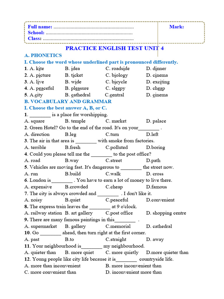 TA 6 Global PRACTICE TEST - UNIT 4 (Key) | PDF
