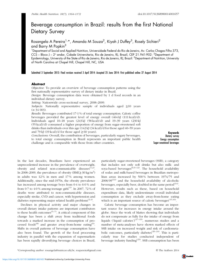 Beverage Consumption in Brazil Results From The First National Dietary ...