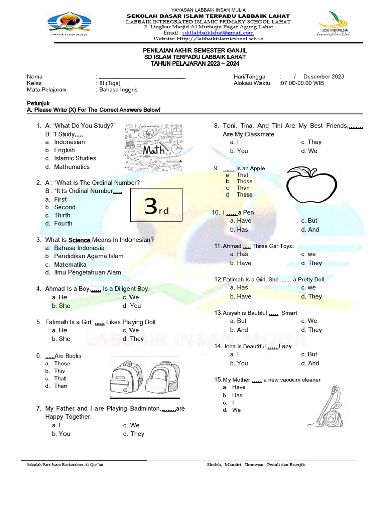 Soal PAS 1 Bhs Inggris Kls 3 | PDF | Vehicles | Land Transport