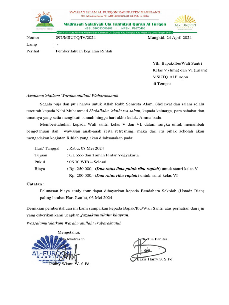 Surat Pemberitahuan Study Tour | PDF