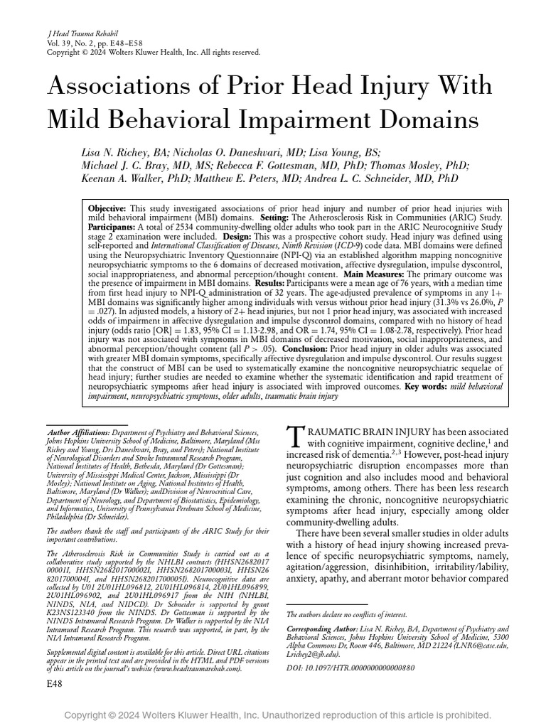 Associations of Prior Head Injury With Mild Behavioral Impairment ...