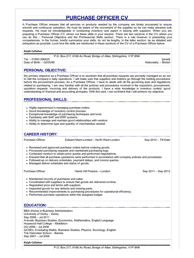 Purchase Officer CV | Download Free PDF | Business