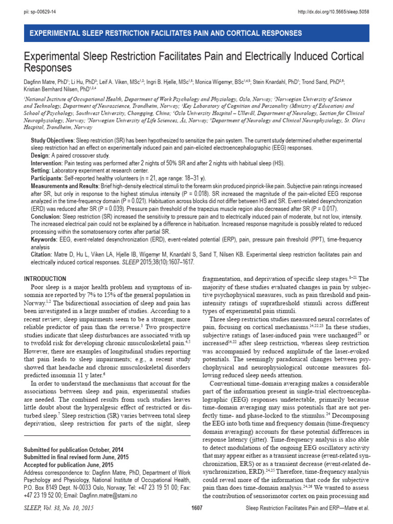 Experimental Sleep Restriction Facilitates Pain and Electrically ...