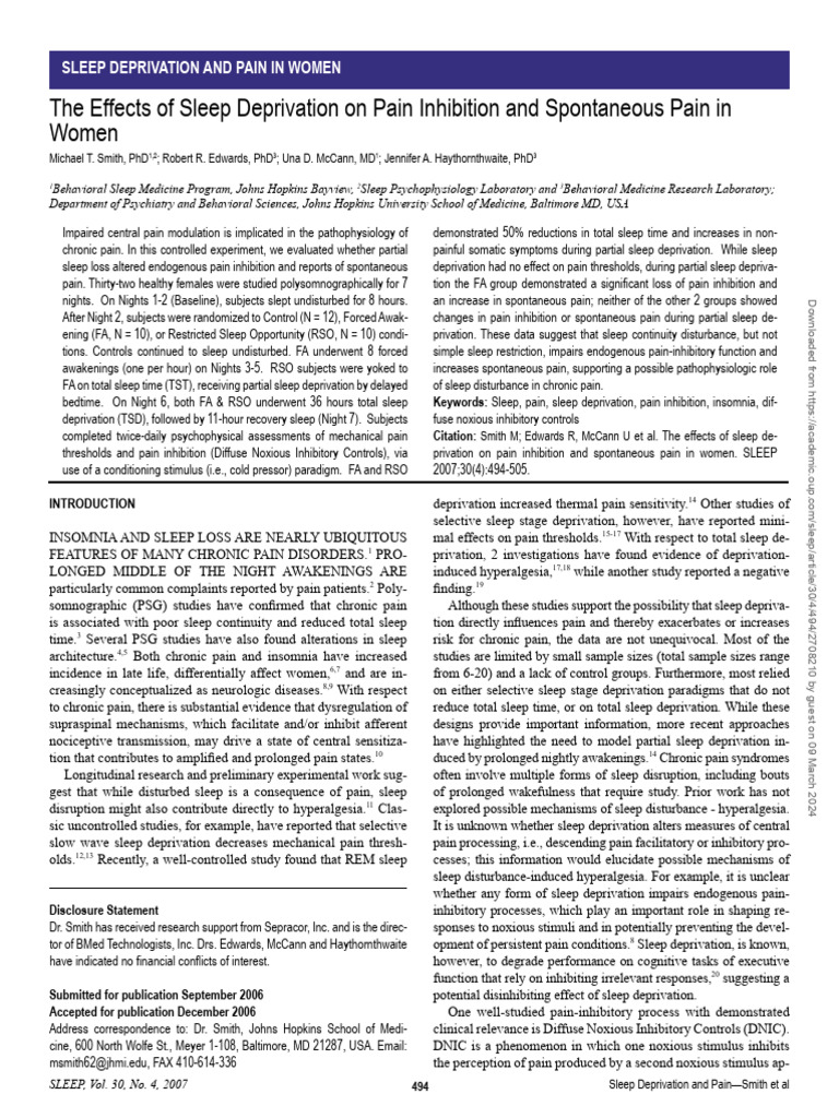 The Effects Of Sleep Deprivation On Pain Inhibition And Spontaneous