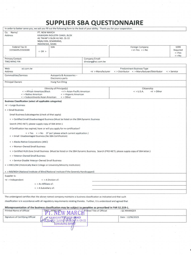 SUPPLIER SBA QUESTIONNAIRE | PDF