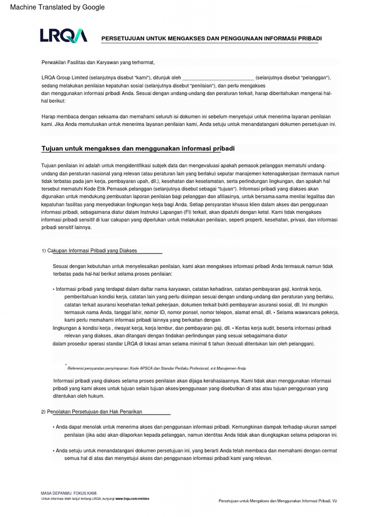 LRQA-ASMT - TMP - Consent To Collection & Use of Personal Information - English - V2 | PDF