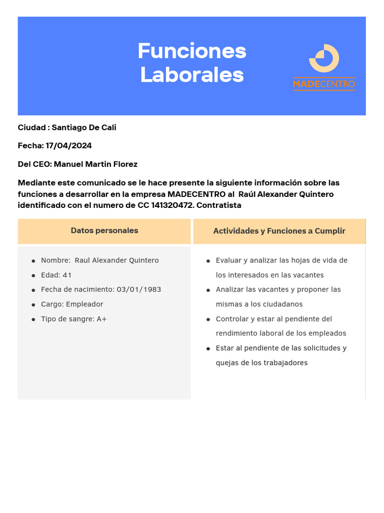 Funciones Laborales Contratista | PDF