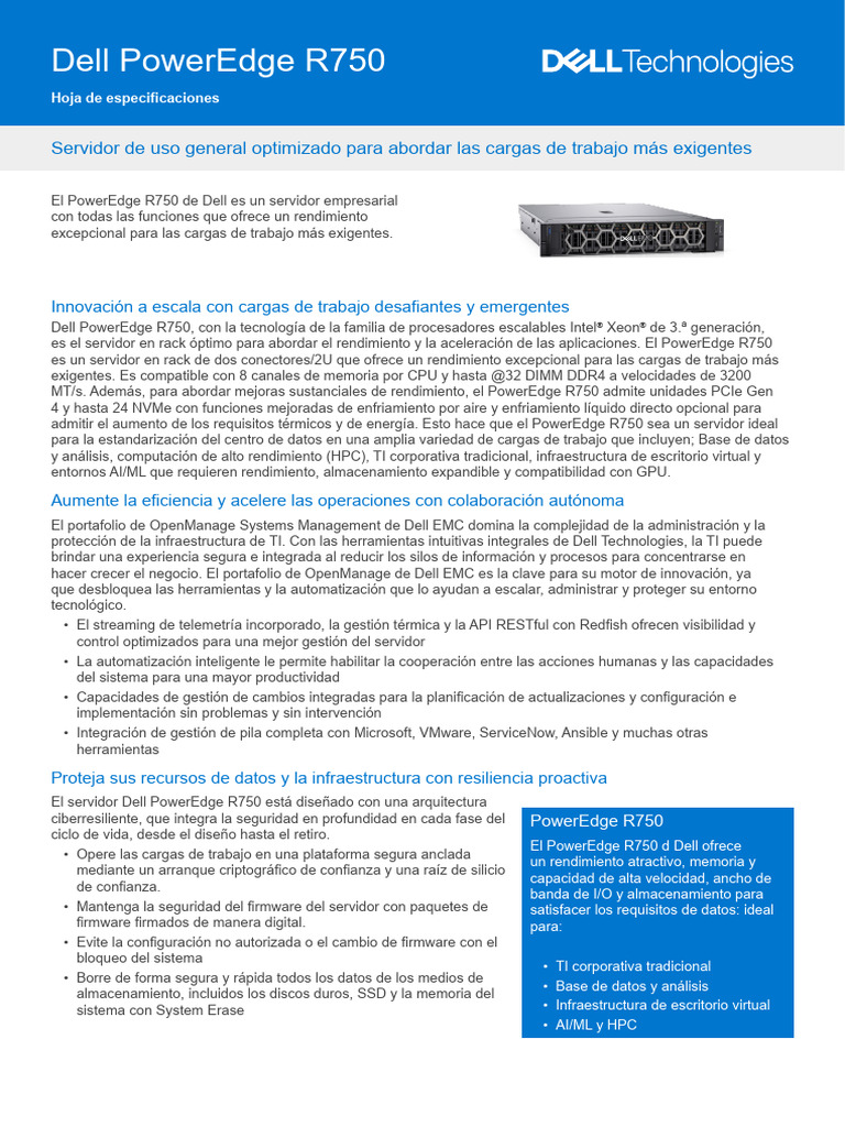 Poweredge R750 Spec Sheet | PDF | Microprocesador | Unidad de estado sólido