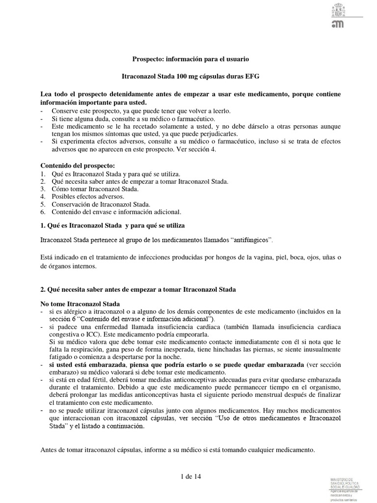 Itraconazol Stada 100 mg: Prospecto y Uso | PDF | Medicamentos con ...