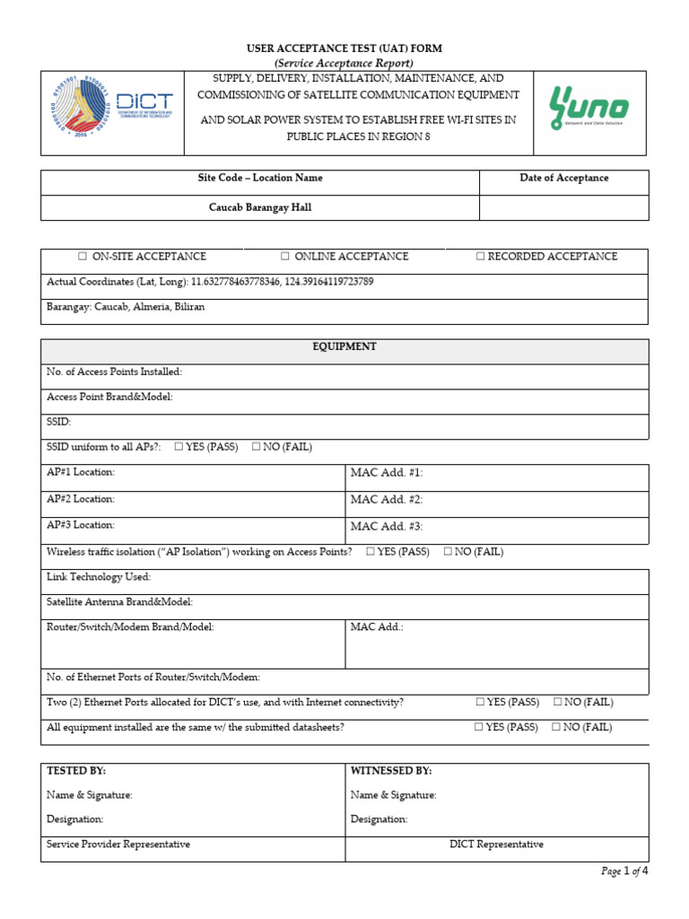 Caucab-Brgy-Hall ACCEPTANCE TEST of DICT | PDF | Wireless Access Point ...