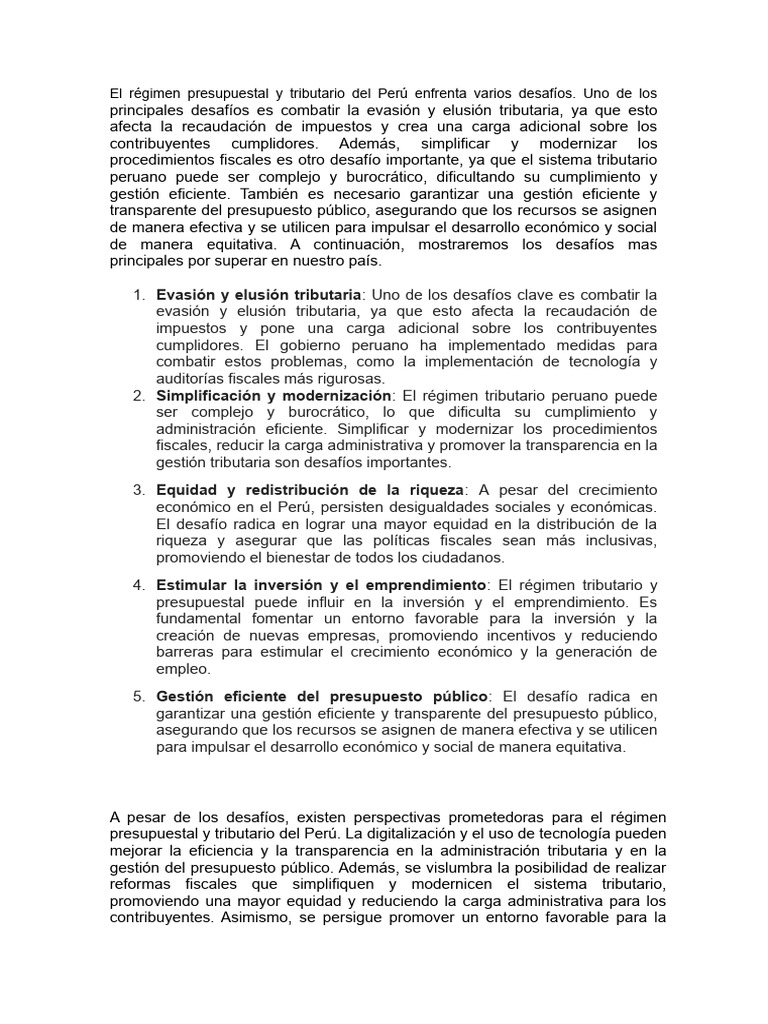 El Régimen Presupuestal y Tributario Del Perú Enfrenta Varios Desafíos | PDF | Evasión de ...