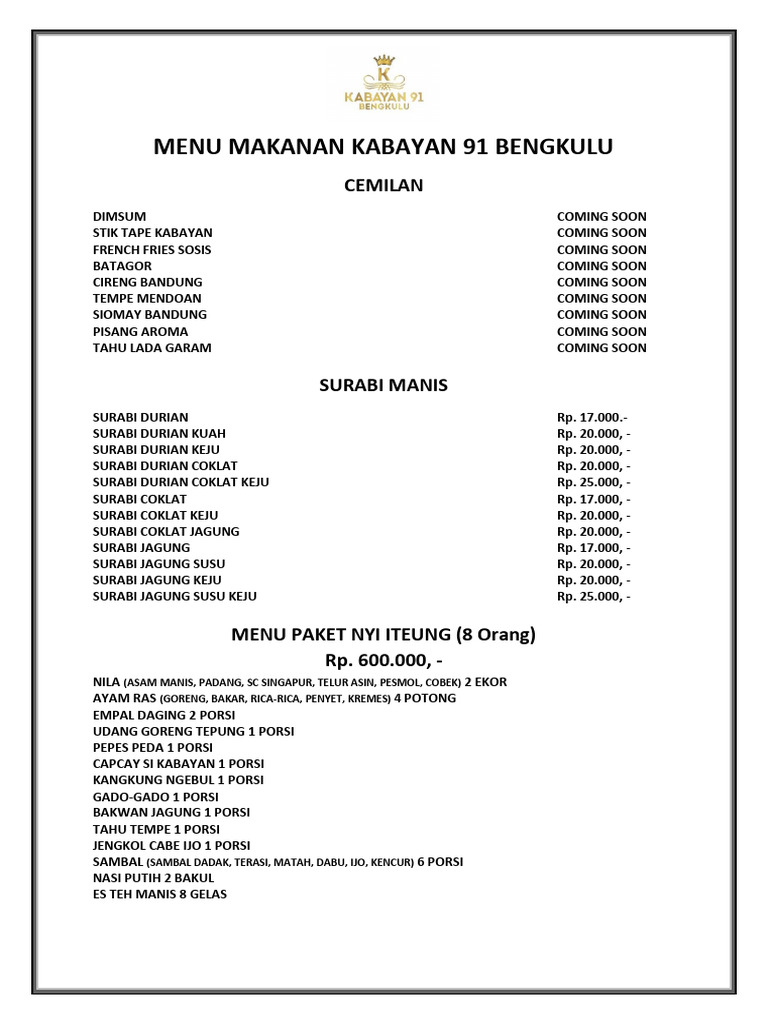 Menu Makanan & Minuman Kabayan 91 | PDF