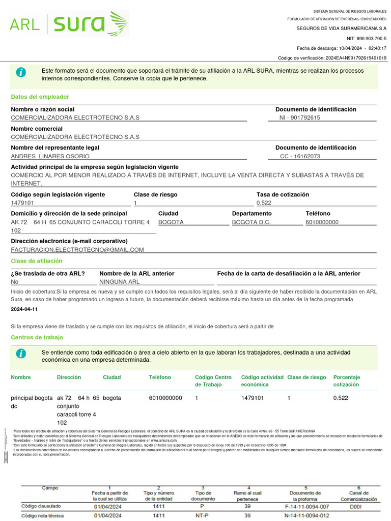Formulario de Afiliación ARL SURA 2024 | PDF | Derecho laboral | Política de privacidad