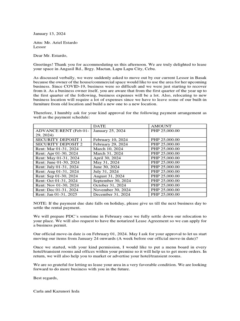 Request Letter to the Lessor | PDF | Lease | Renting