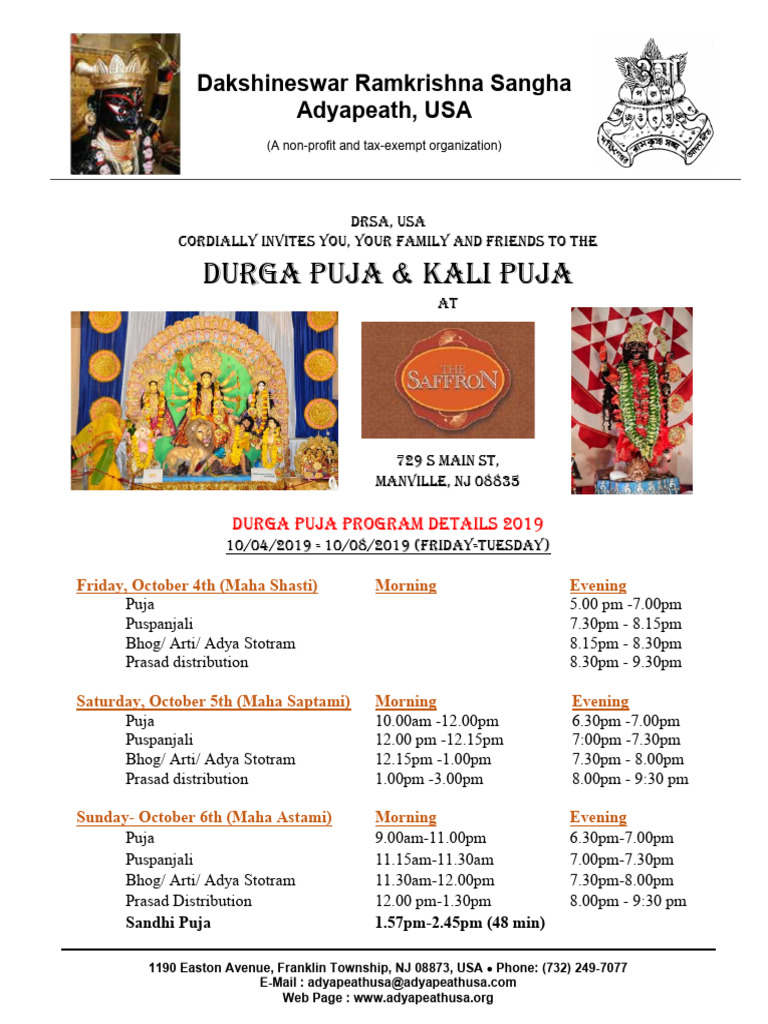 Durga Puja & Kali Puja 2019 Schedule | PDF | October Observances ...